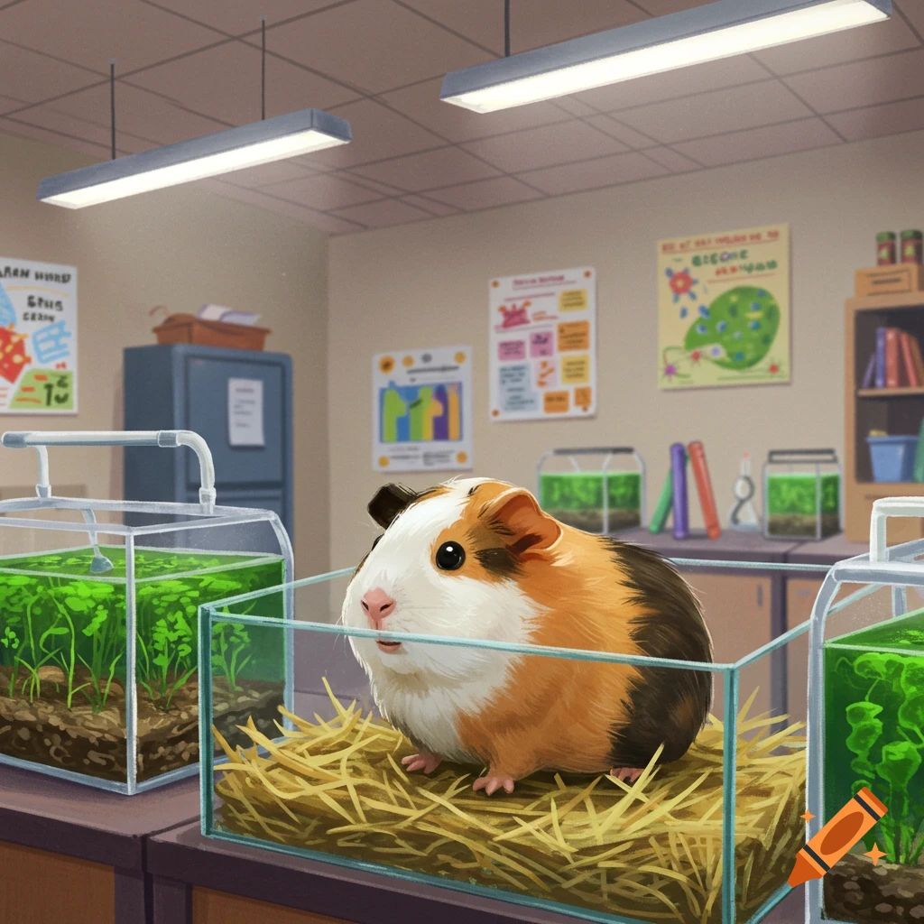 A cute guinea pig sits on straw in a glass enclosure in a science ...