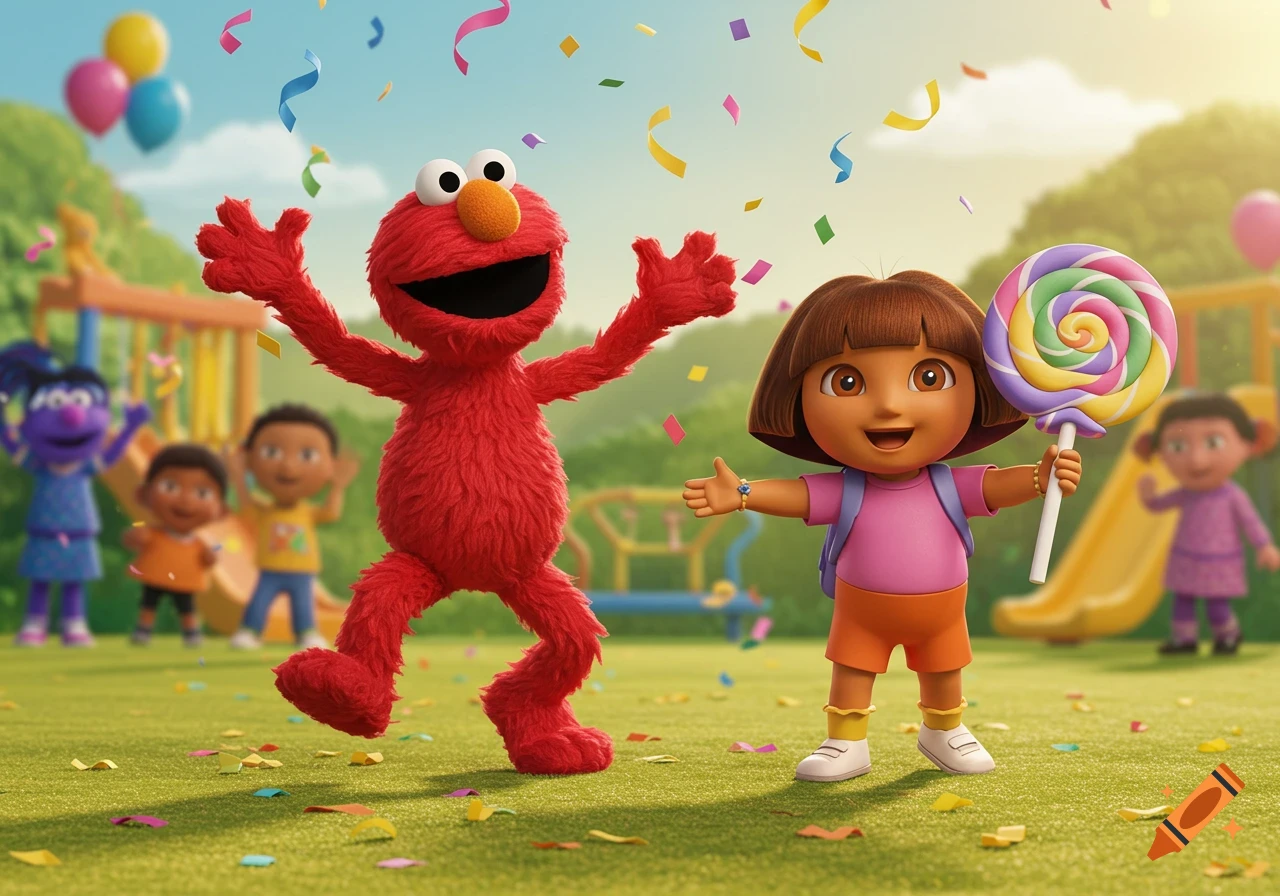 Elmo dances next to Dora the Explorer holding a large swirl lollipop ...