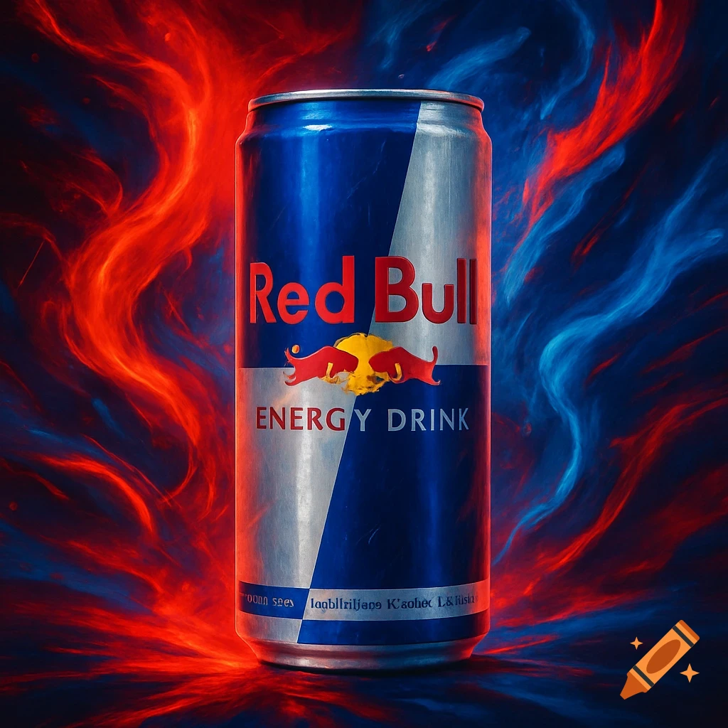 A photorealistic Red Bull can against a vibrant abstract background of ...