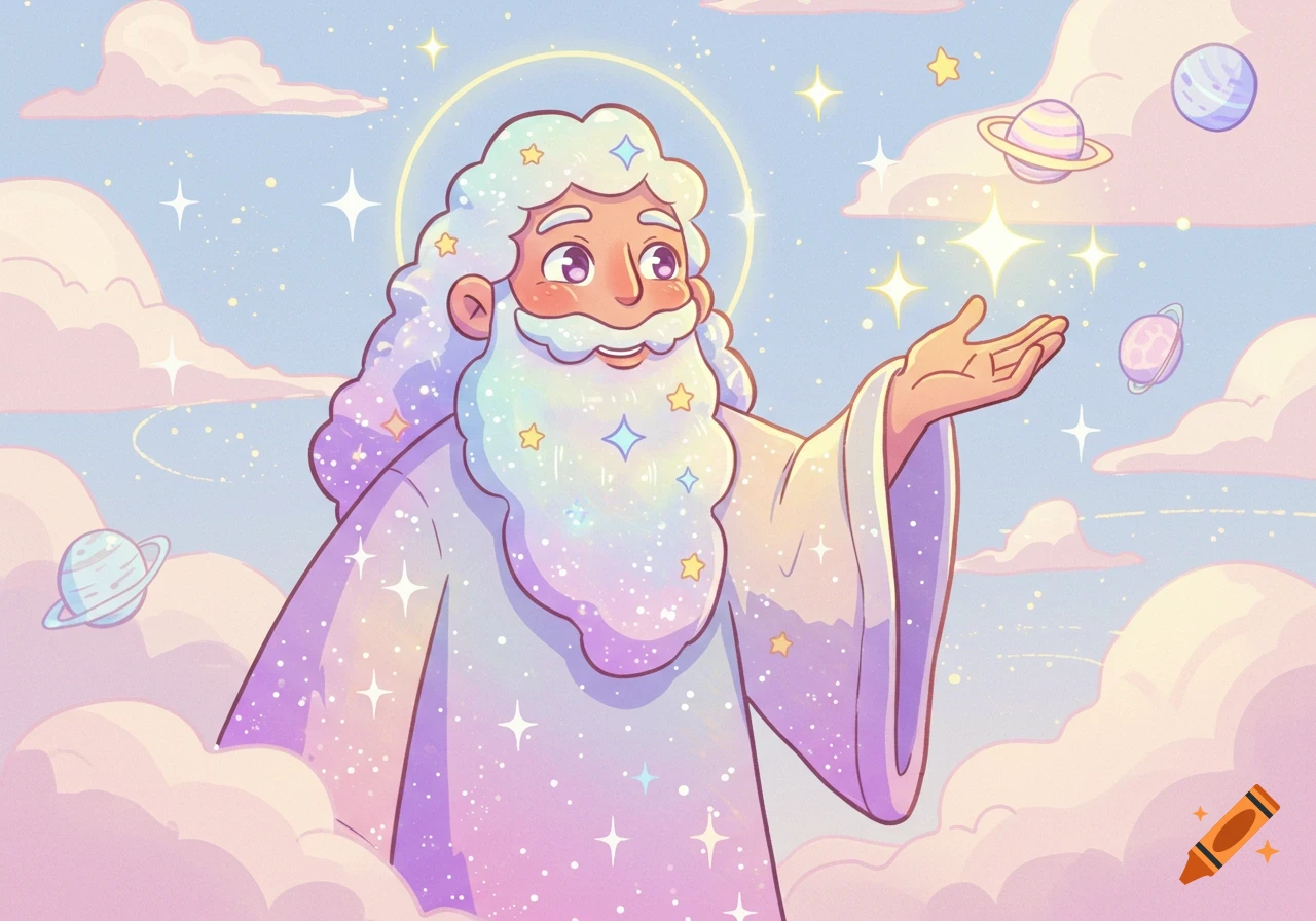 Cartoon God with a white beard, glowing halo, and star-filled robes ...