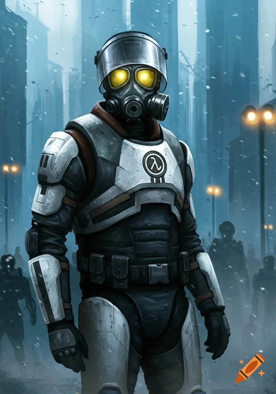 Video game character Dr. Gordon Freeman in hazard suit on Craiyon