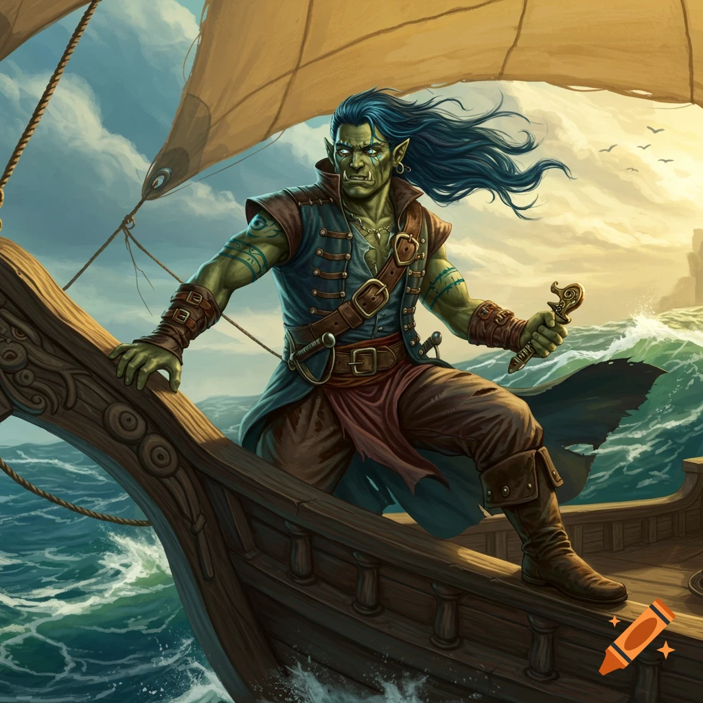A male half-orc swashbuckler with blue hair stands on a sailing ship at ...