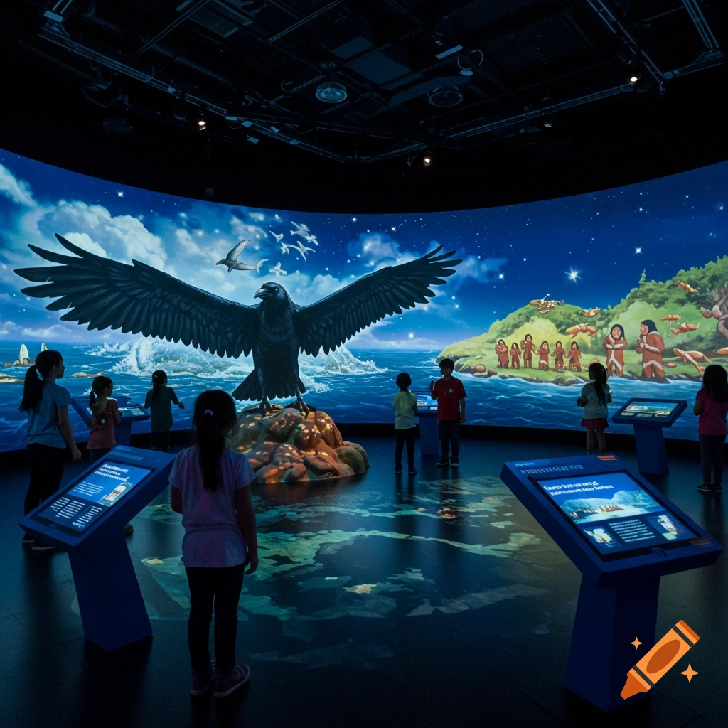 Children observe a large, immersive cultural exhibit depicting a black ...