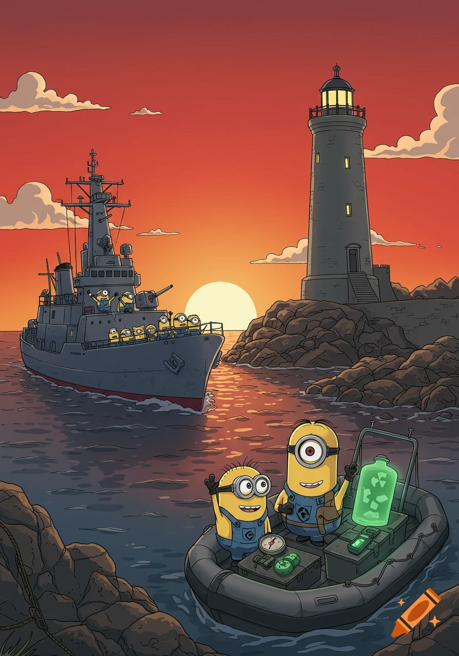 Cartoon minions on a military ship and a smaller boat at sunset near a ...