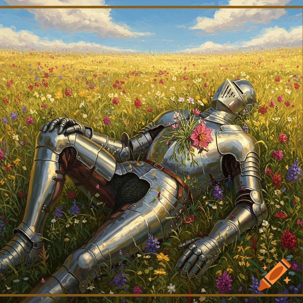 An oil painting of a knight's armor lying in a vibrant flower field ...