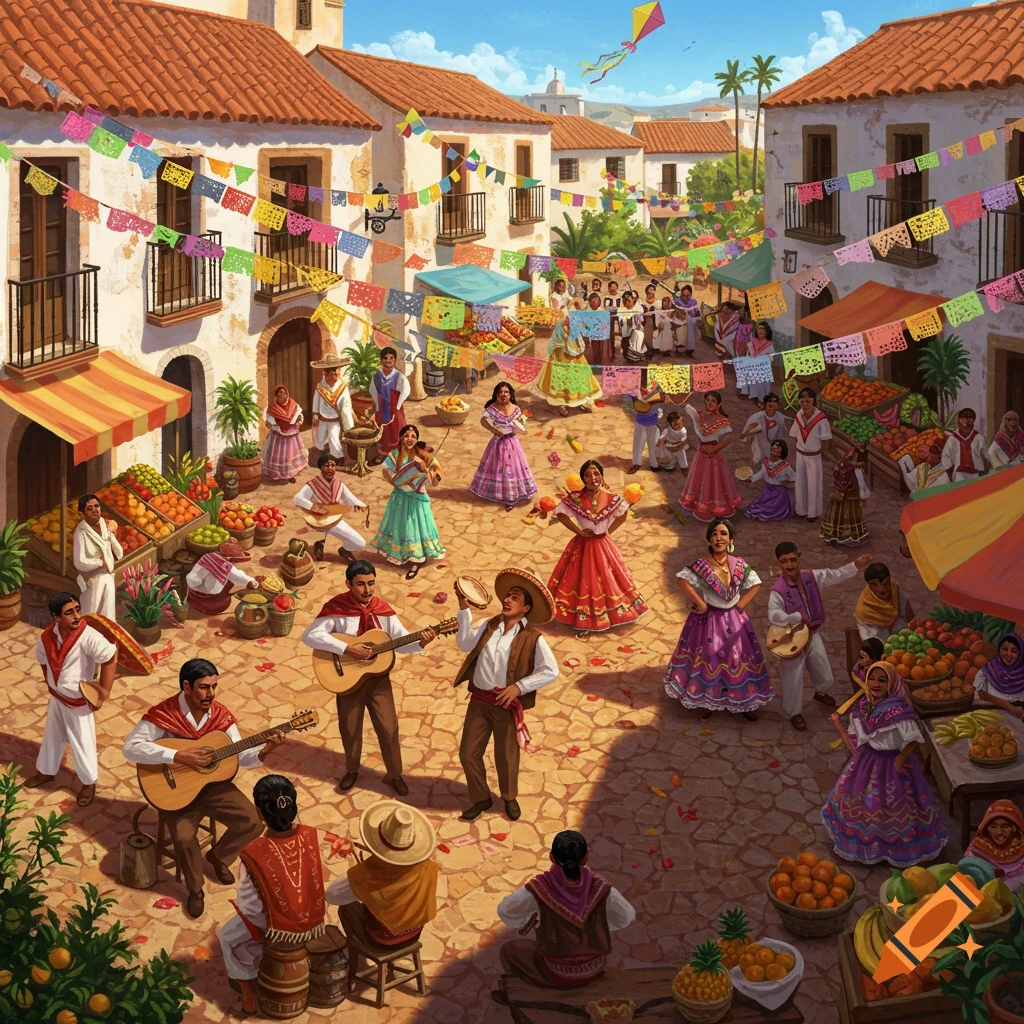 Colorful illustration of a lively outdoor festival market with people ...