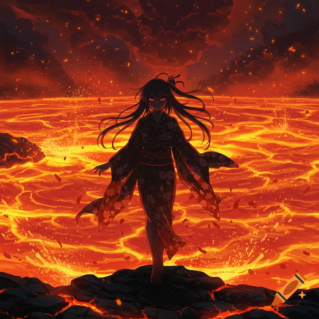 Anime girl in traditional attire sits on a glowing volcano under a ...