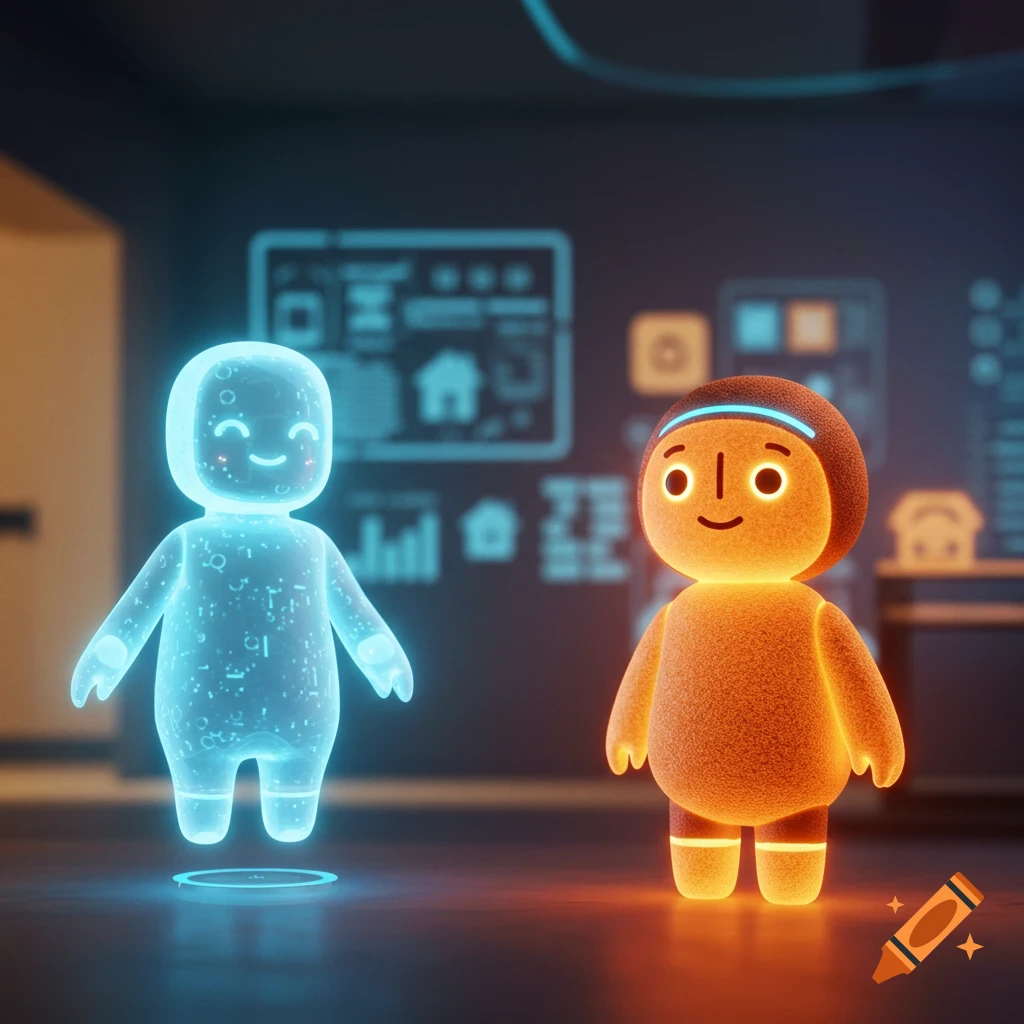 Two glowing cartoon robot characters, one blue and one orange, stand in ...