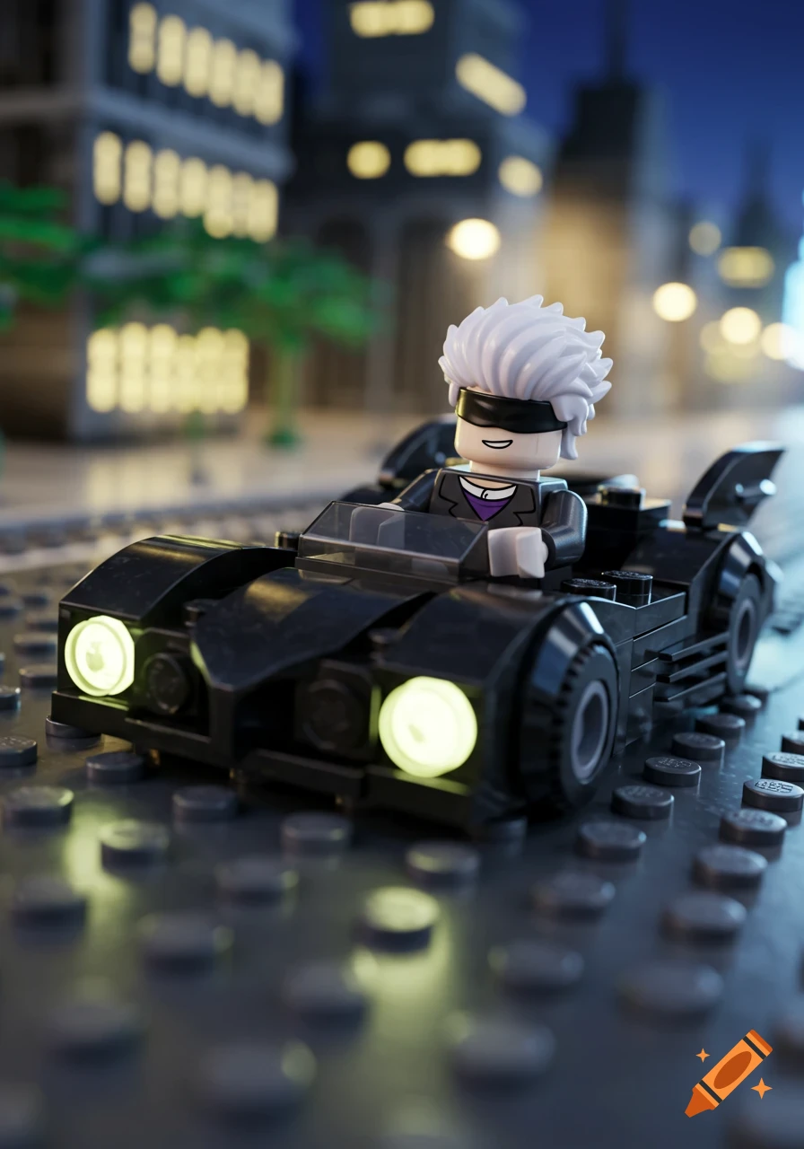 Lego minifigure of Satoru Gojo driving a black Lego Batmobile on a ...