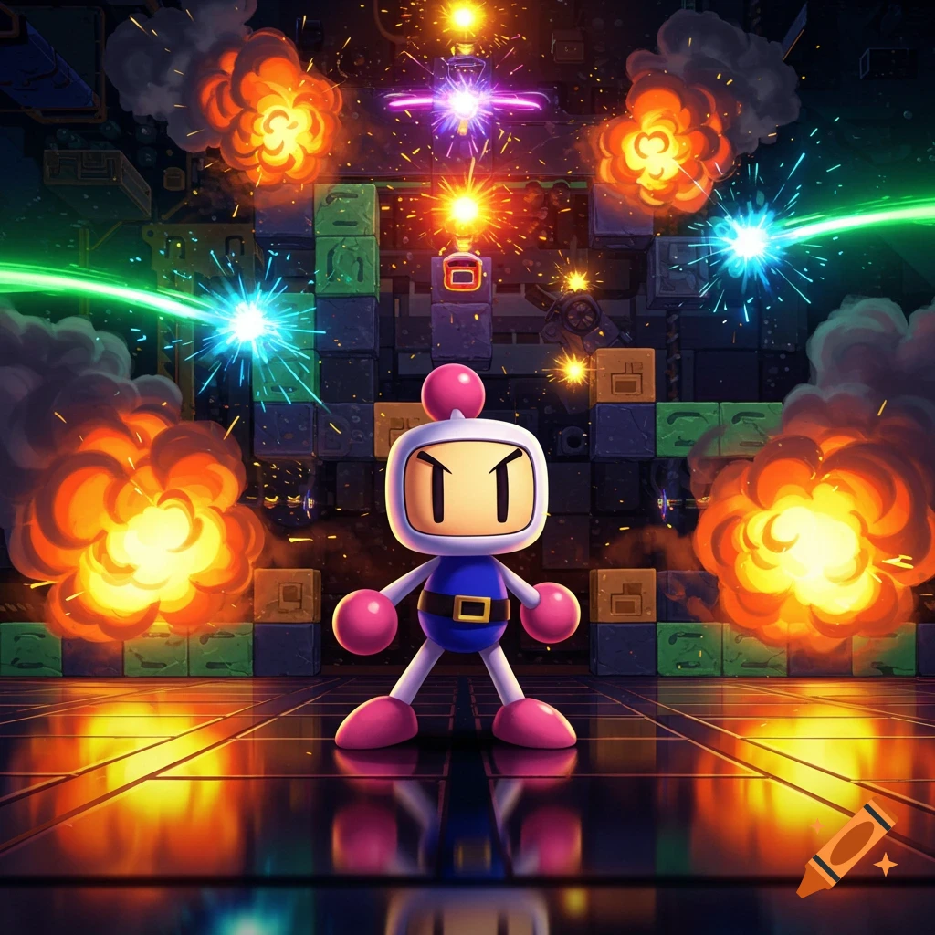 Bomberman stands on a reflective floor in a grid-like arena, surrounded ...