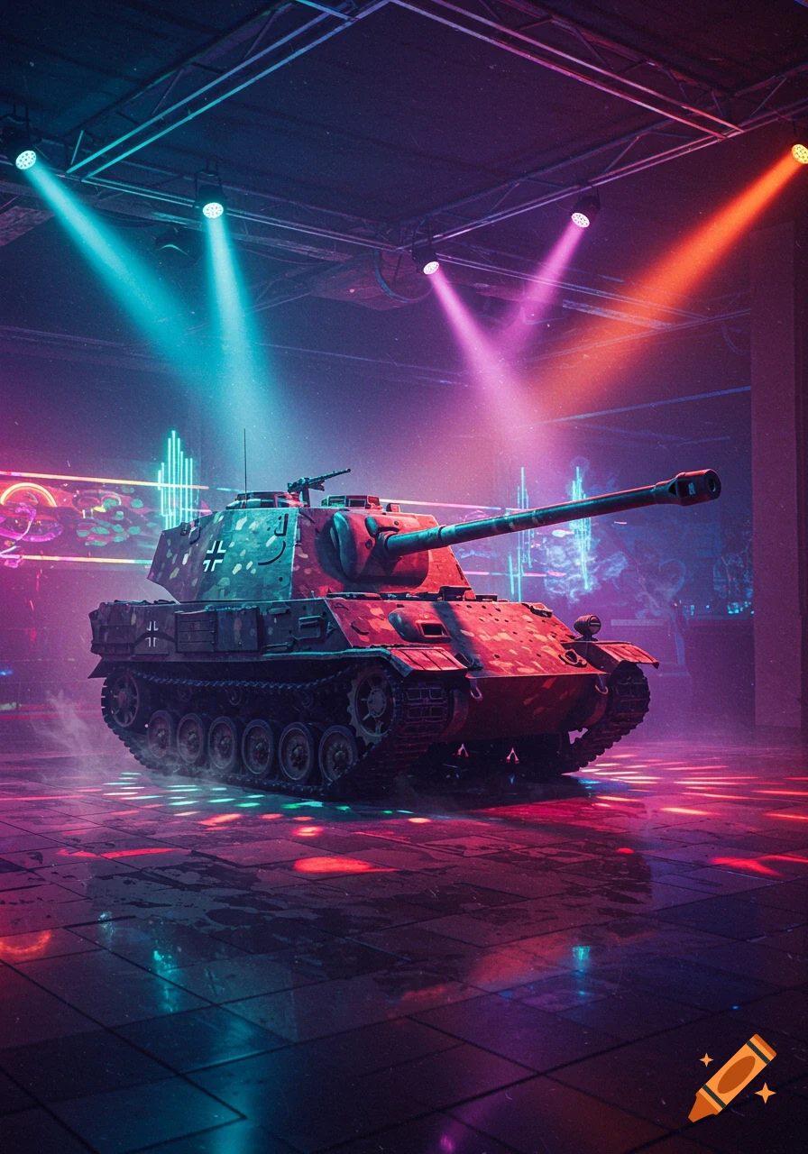 A Marder self-propelled gun, bathed in neon pink, blue, and orange ...