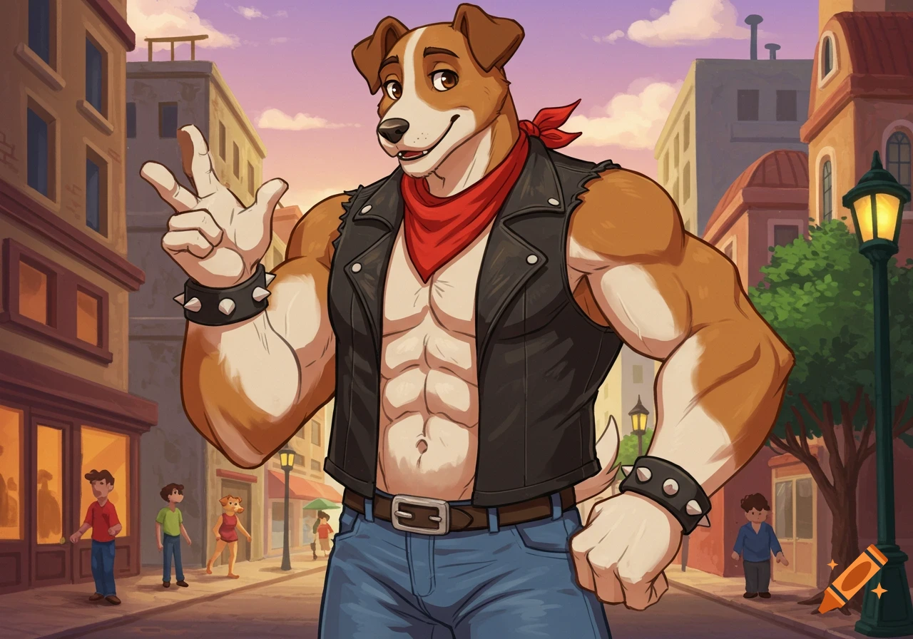 A muscular anthropomorphic yellow labrador in a red collar and black ...