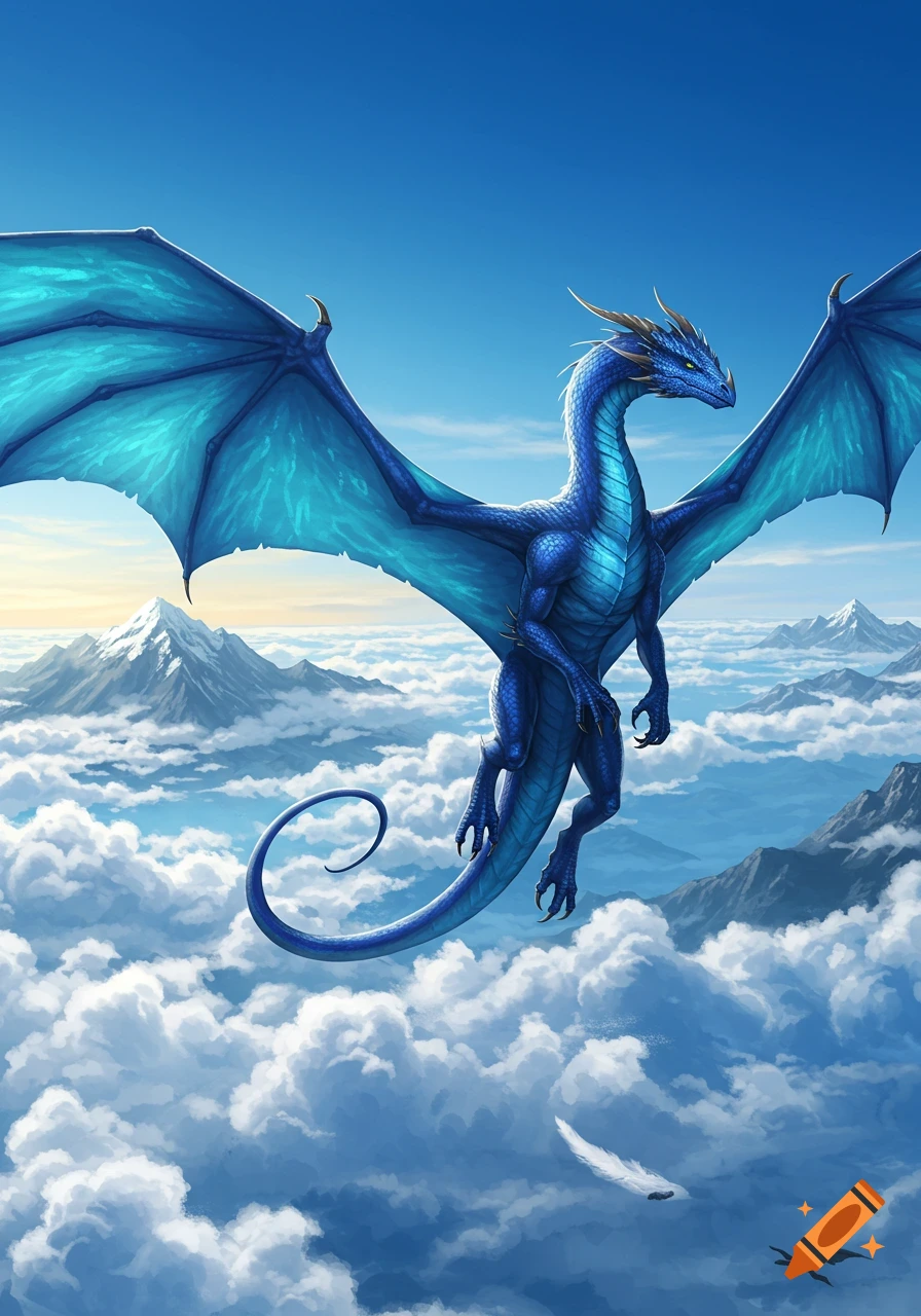 A majestic blue dragon with outstretched wings soars through a bright ...