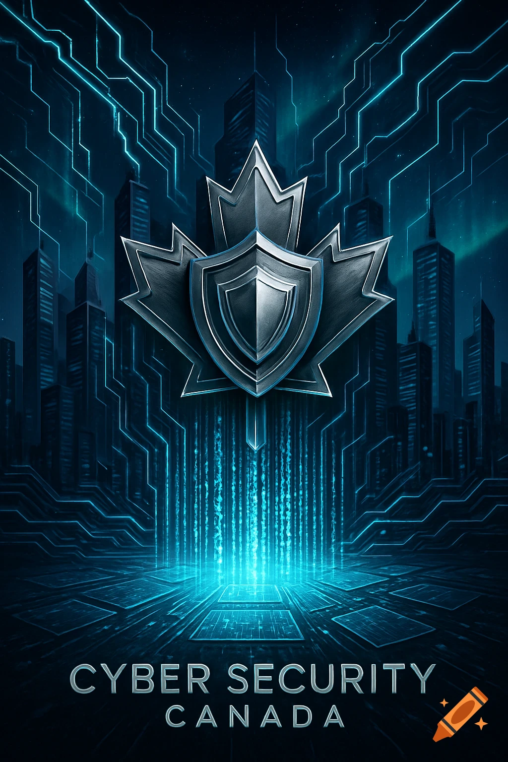 Metallic Canadian maple leaf shield logo over a dark, futuristic ...