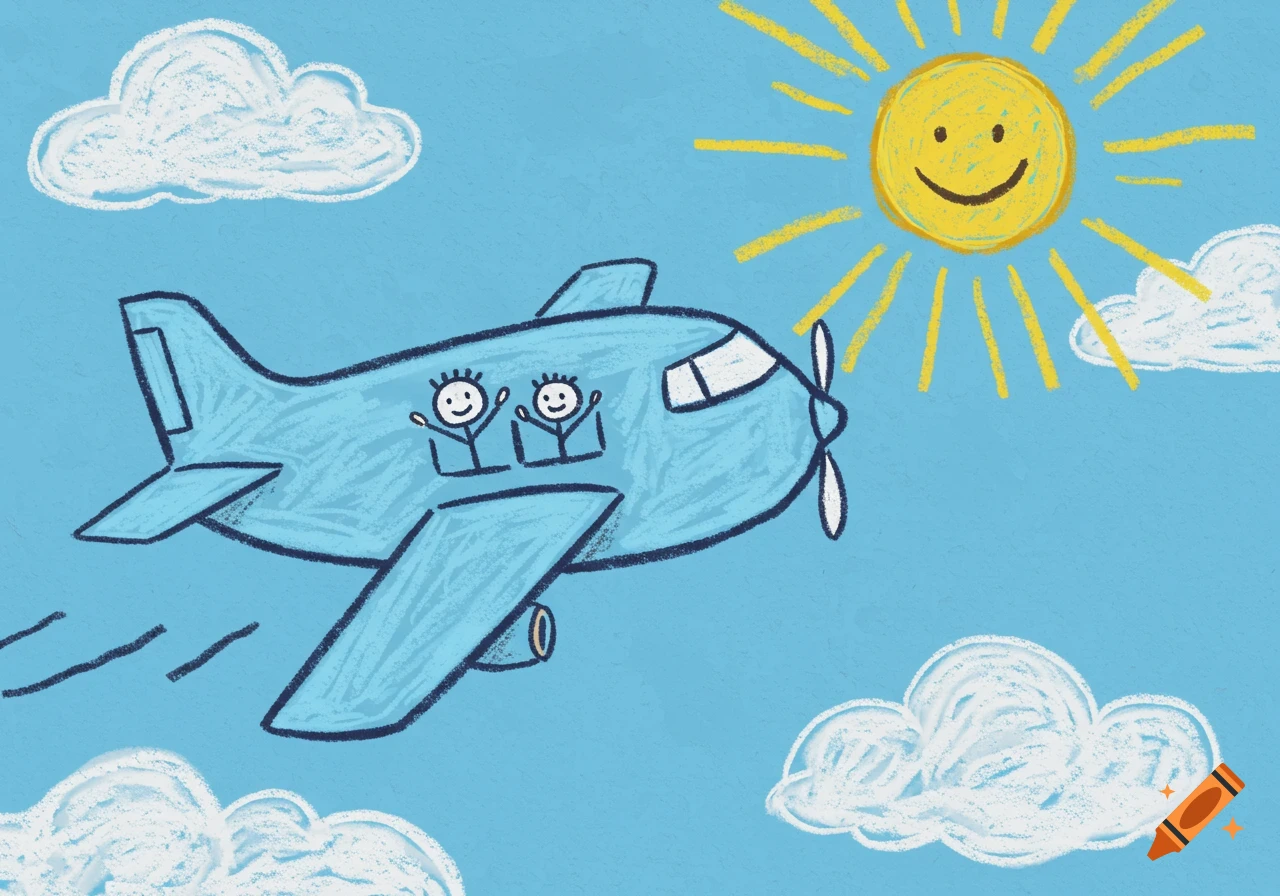 A cheerful kid's drawing of a blue airplane with two stick figures ...
