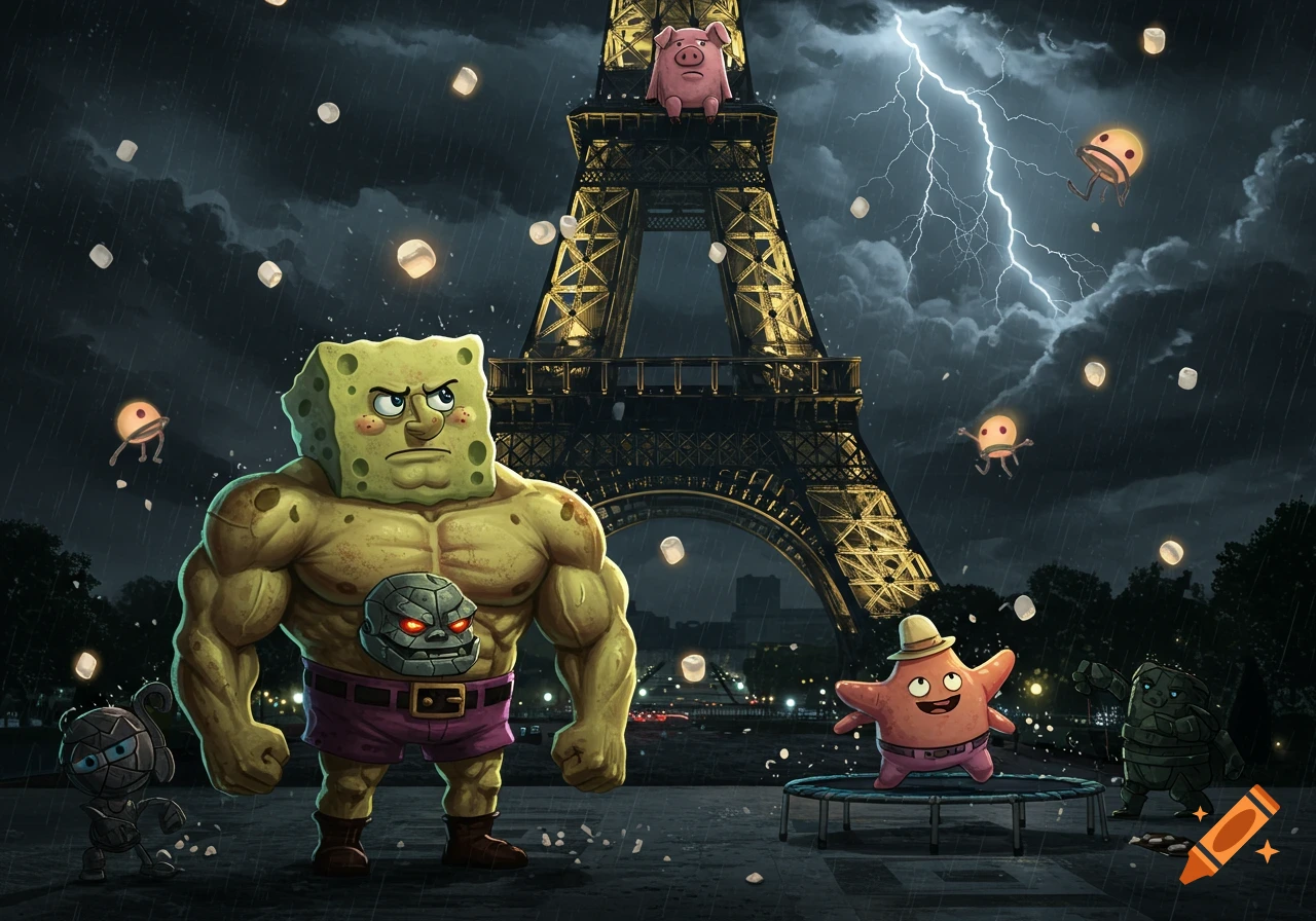 Cartoon Michael Jackson drives a hot dog car through Paris as people ...