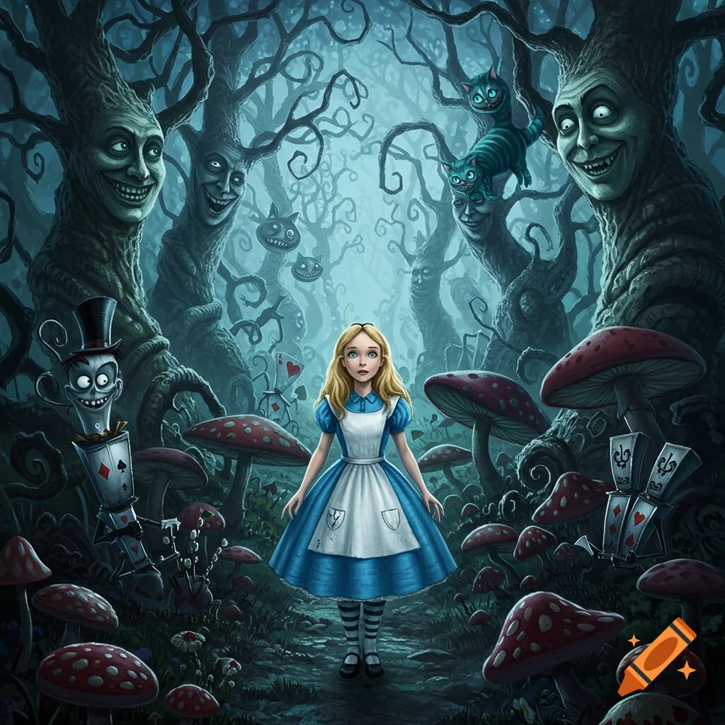 Alice stands in an eerie dark forest with smiling trees, large ...