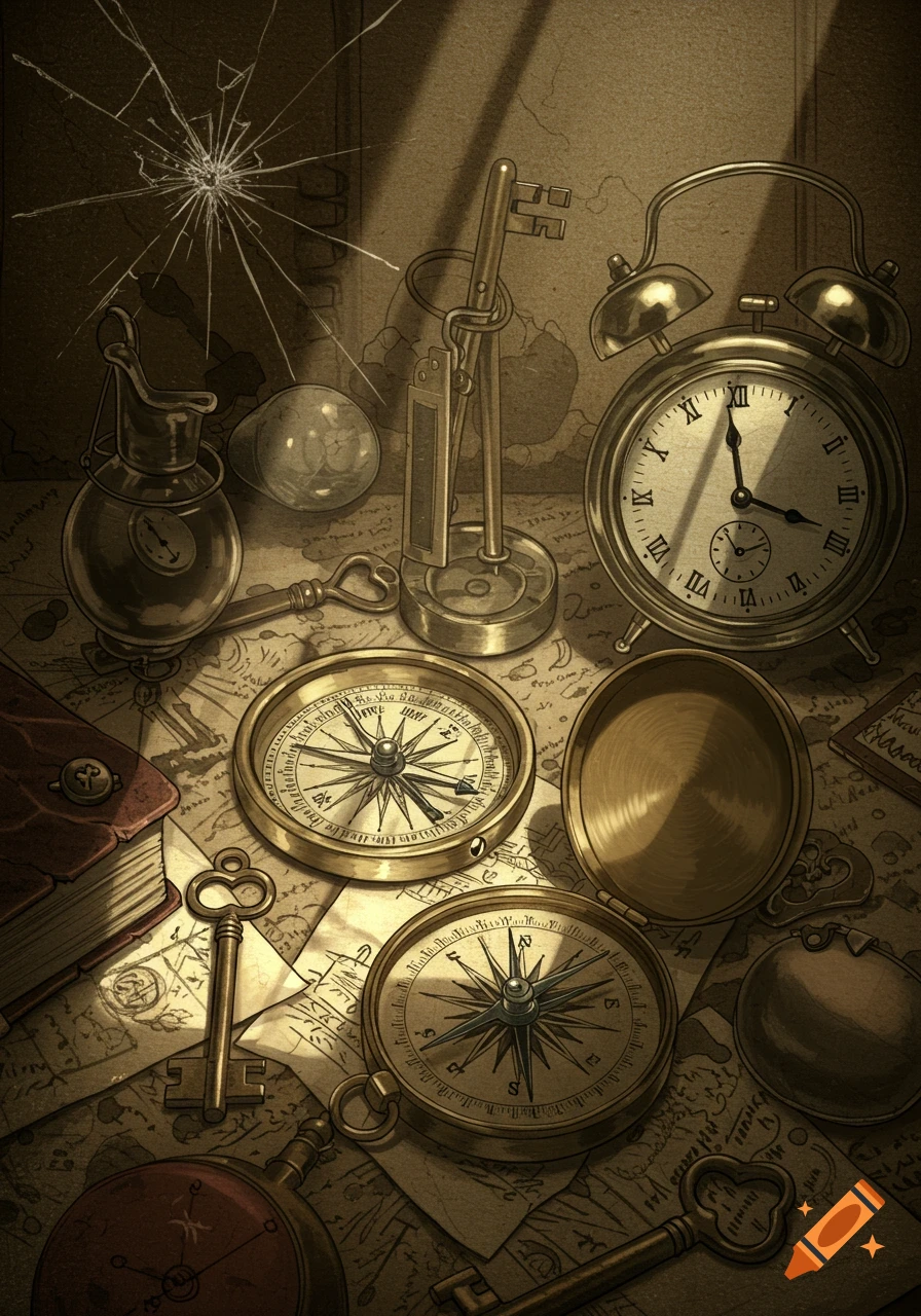 A vintage 2D art still life featuring compasses, an alarm clock, keys ...