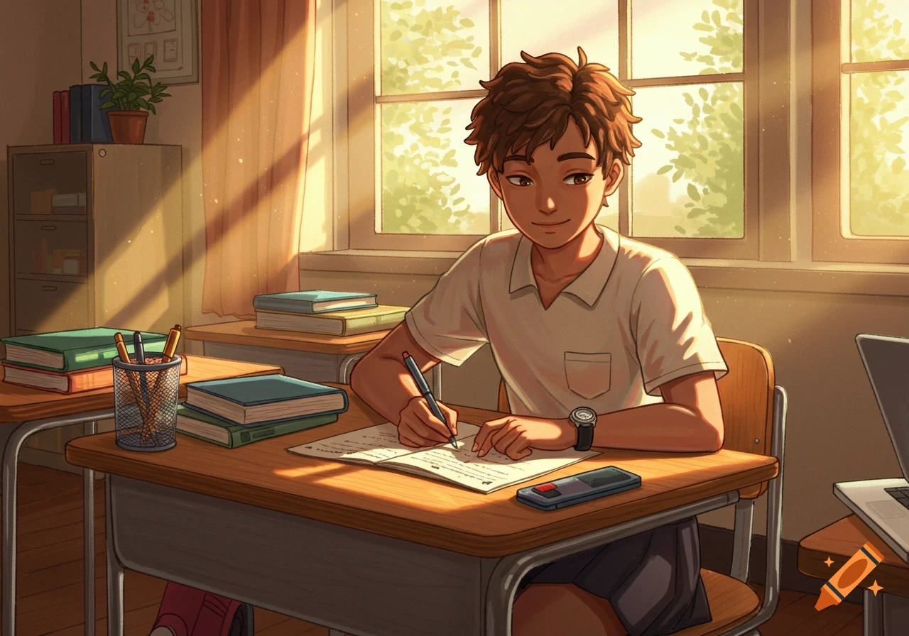 Comic panel illustration of a college student studying intently in a ...