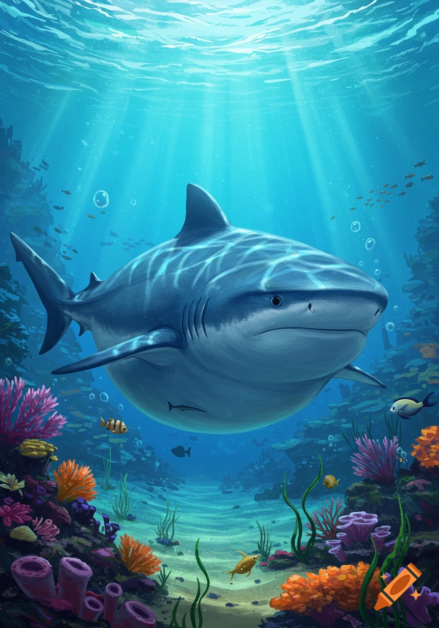 A happy cartoon pig in snorkeling gear rides a whale shark over a ...