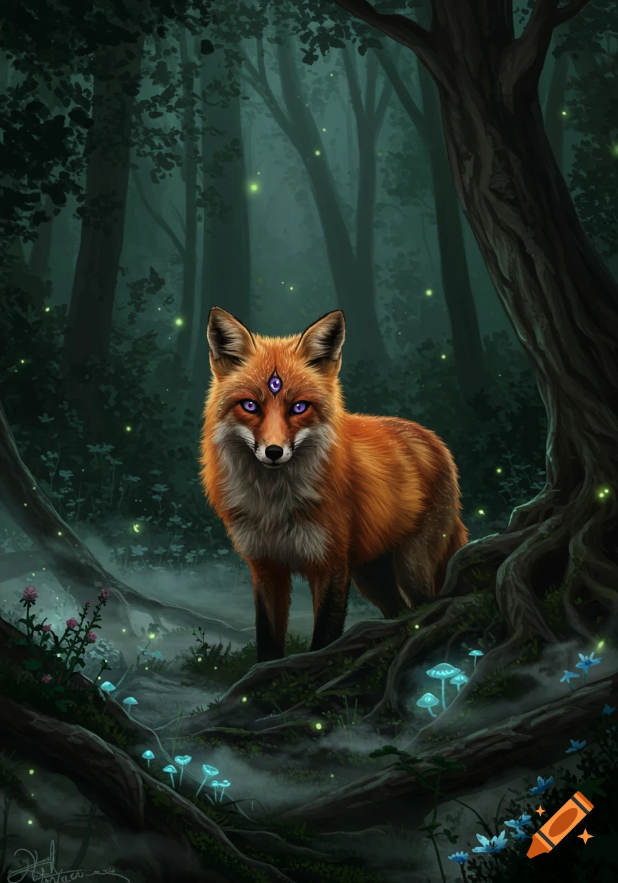 A mystical orange fox with white and blue glowing tribal markings ...