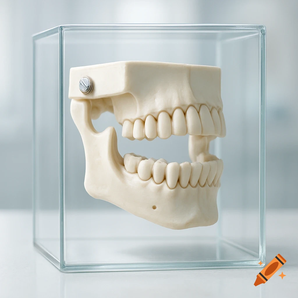 A realistic human jaw model with teeth displayed inside a clear glass ...
