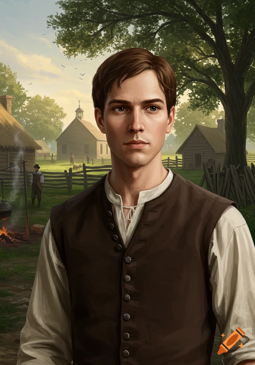 A digital painting of a young Puritan man in a colonial village with a ...