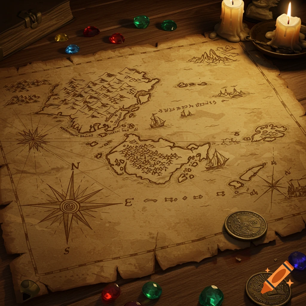 Overhead view of an old treasure map on a wooden table, illuminated by ...