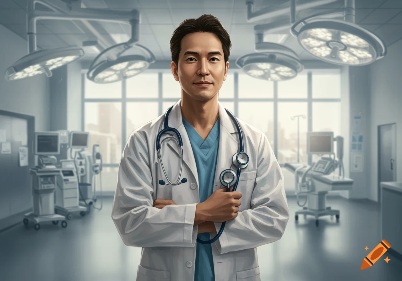An animated male doctor in a white lab coat and blue scrubs smiles in a ...