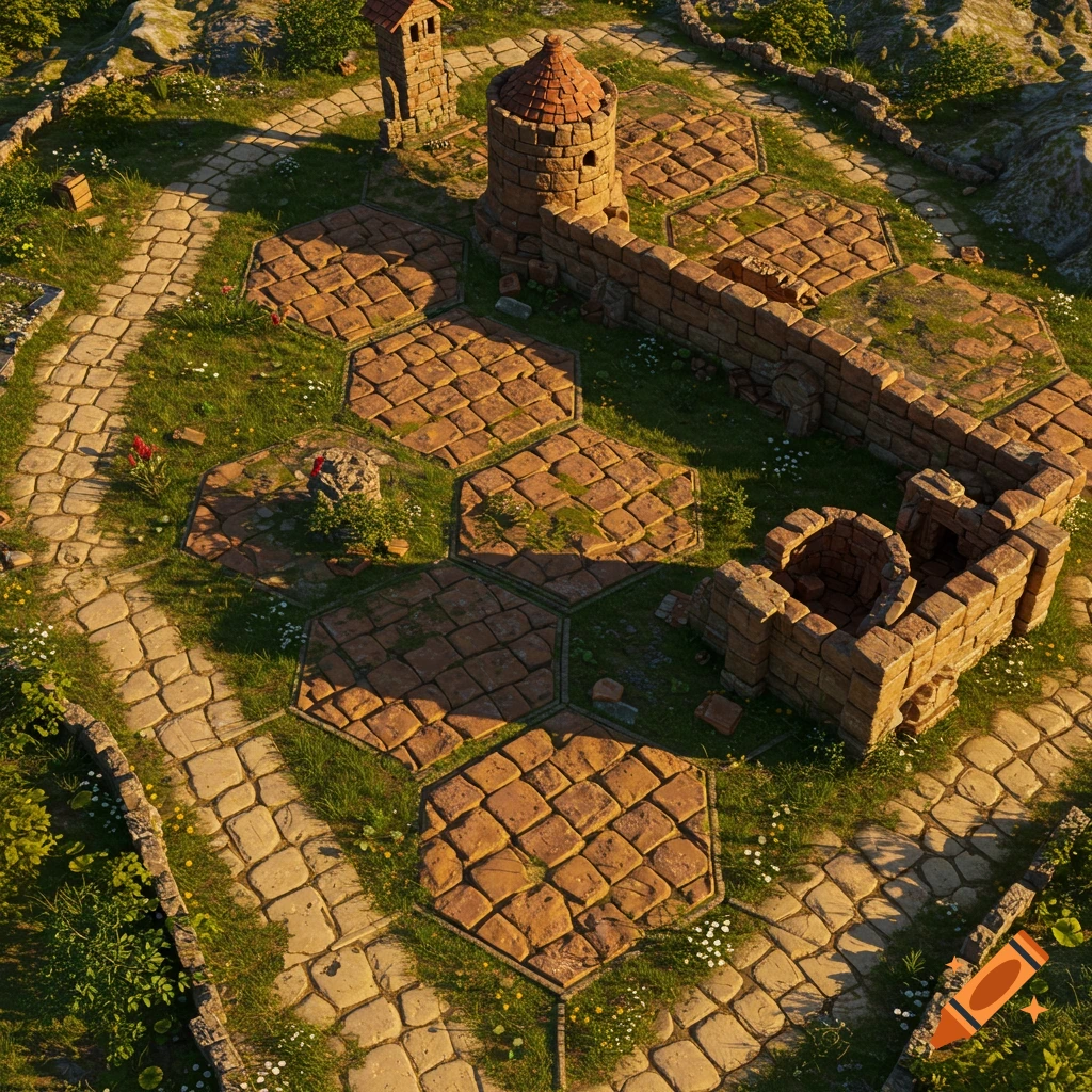 Aerial view of a miniature board game map featuring hexagonal brick ...