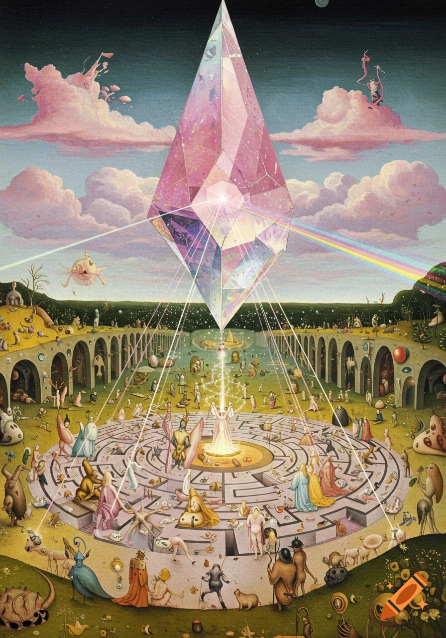 A surreal Hieronymus Bosch-style painting featuring a huge glowing pink ...