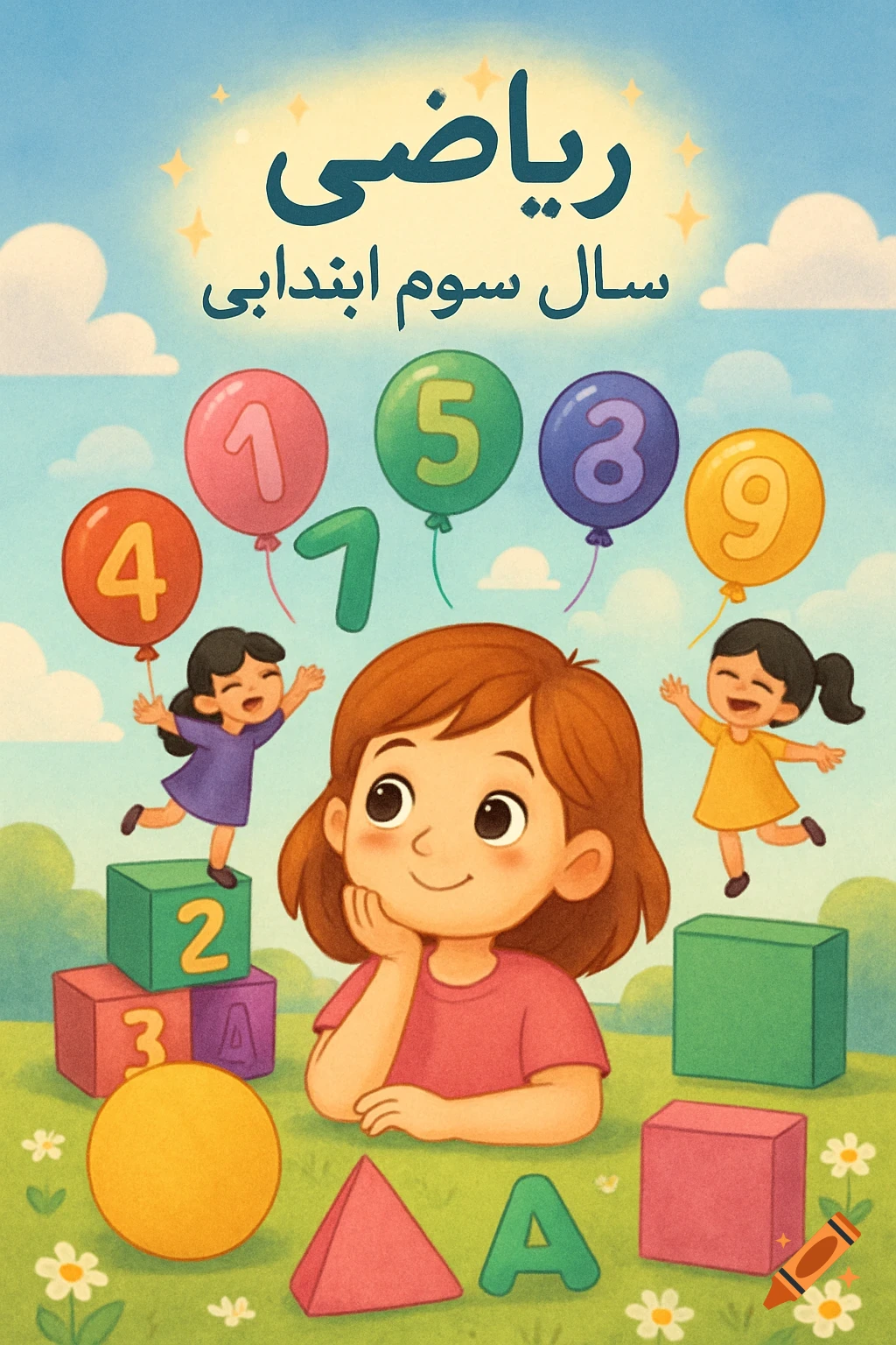 A cartoon girl surrounded by children, numbered balloons, blocks, and ...