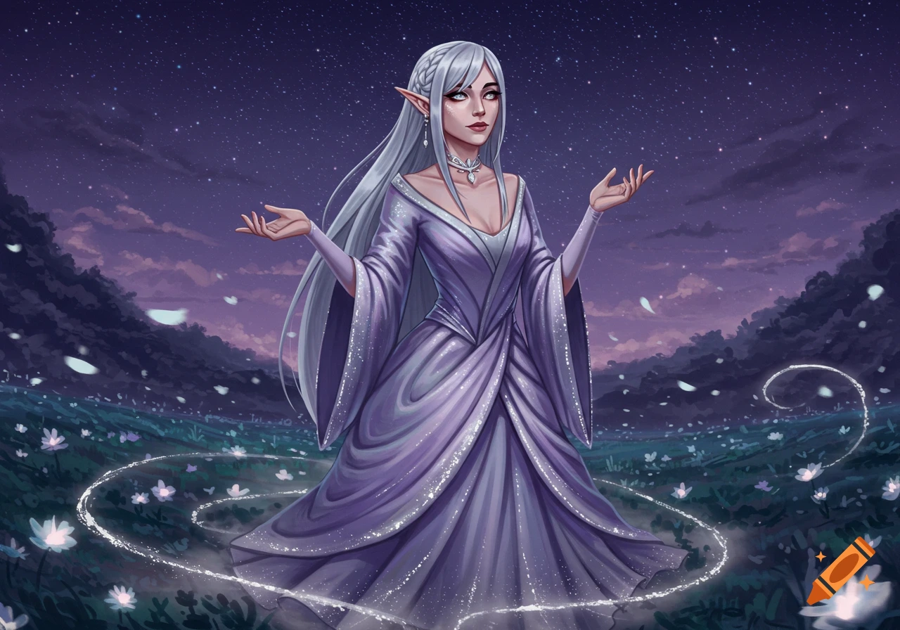 Elegant white-haired elf in a shimmering purple dress stands in a ...
