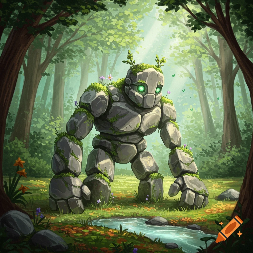 A moss-covered rock creature with glowing green eyes stands in a lush ...