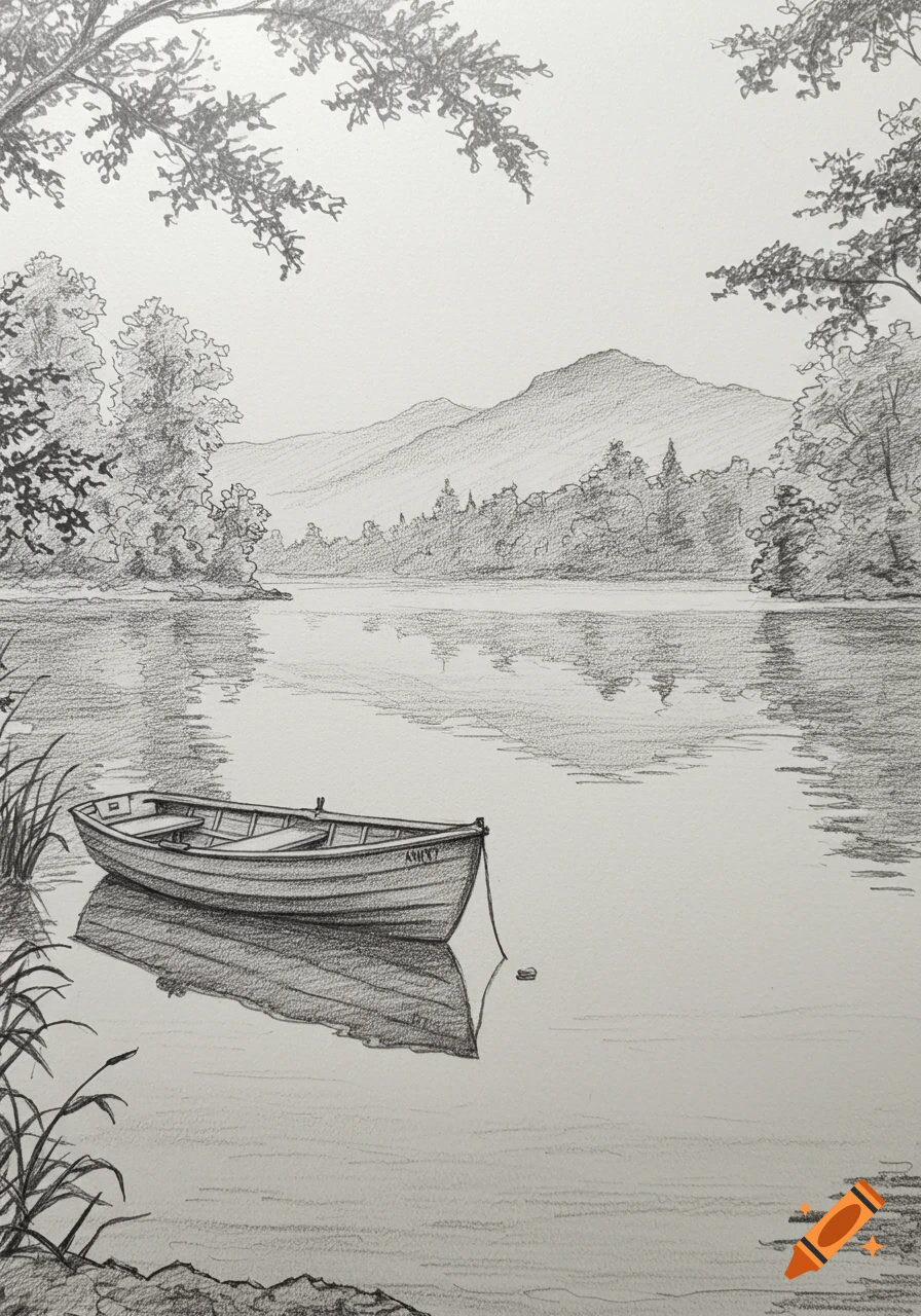 A detailed pencil drawing of a rowboat on a calm lake with trees and ...