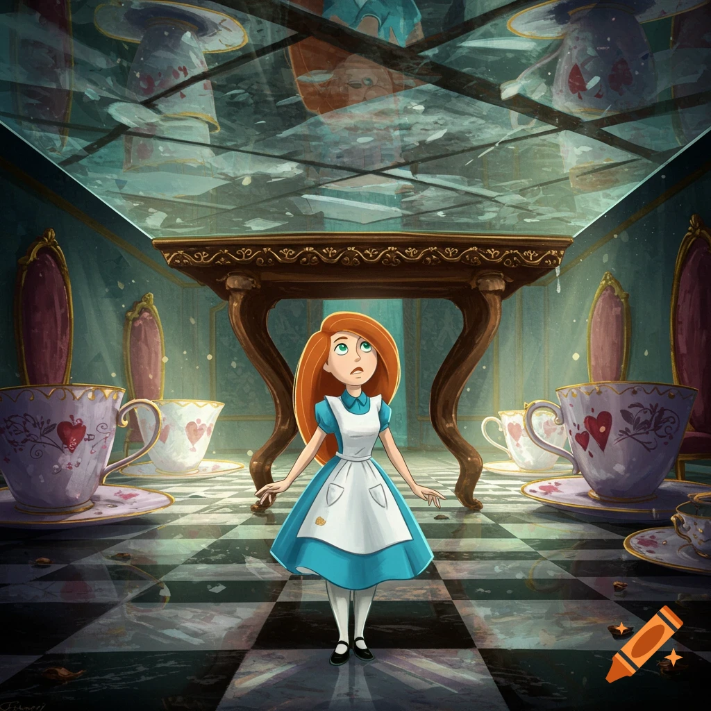 A red-haired girl in an Alice in Wonderland dress stands tiny beneath a ...