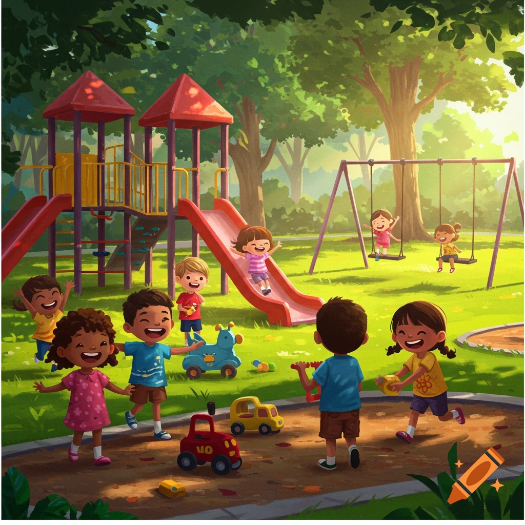 Vibrant cartoon illustration of many children playing on a sunny school ...