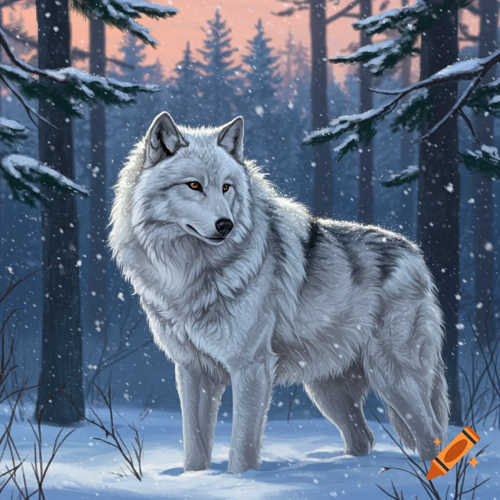 A detailed illustration of a white wolf standing in a snowy forest with ...