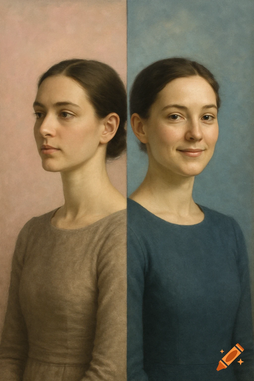 A photorealistic painting of two young women, split down the middle ...