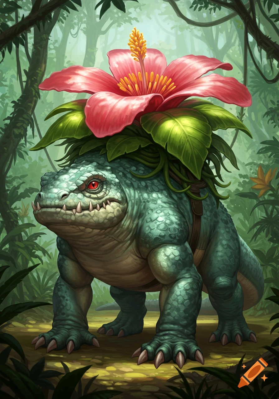 A teal-green reptile-amphibian creature with red eyes and a pink ...