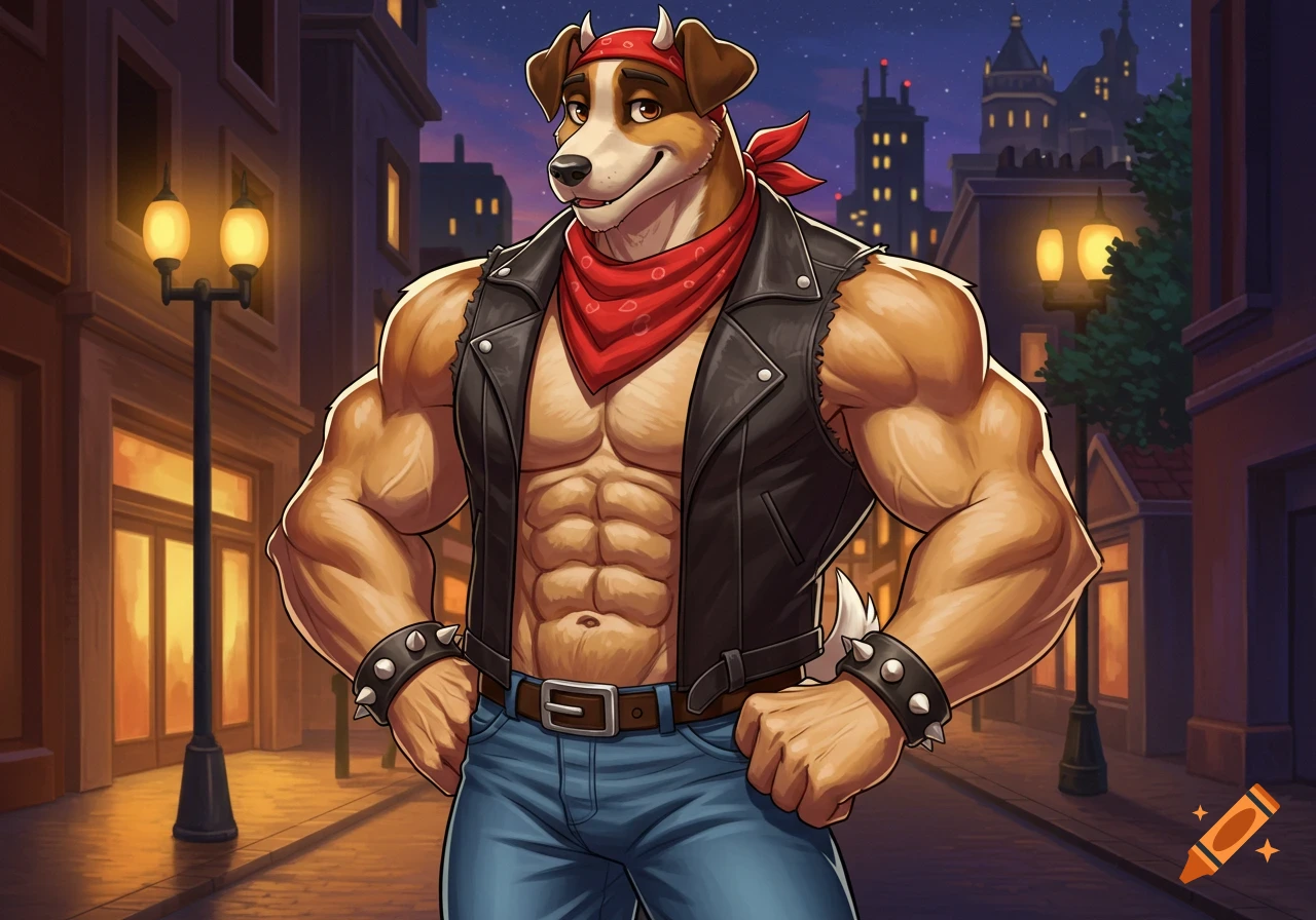 Cartoon muscular Jack Russell terrier in a leather vest and jeans ...