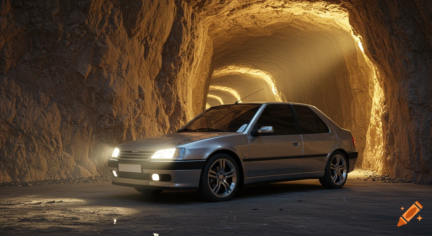 A silver Peugeot Pars car with headlights on, parked inside a dimly lit ...