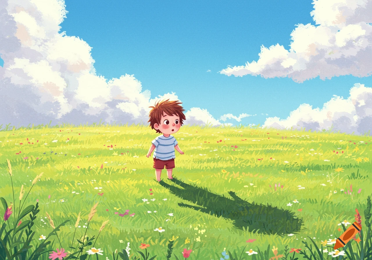 A small boy looks up in awe at a gigantic beanstalk towering over a ...