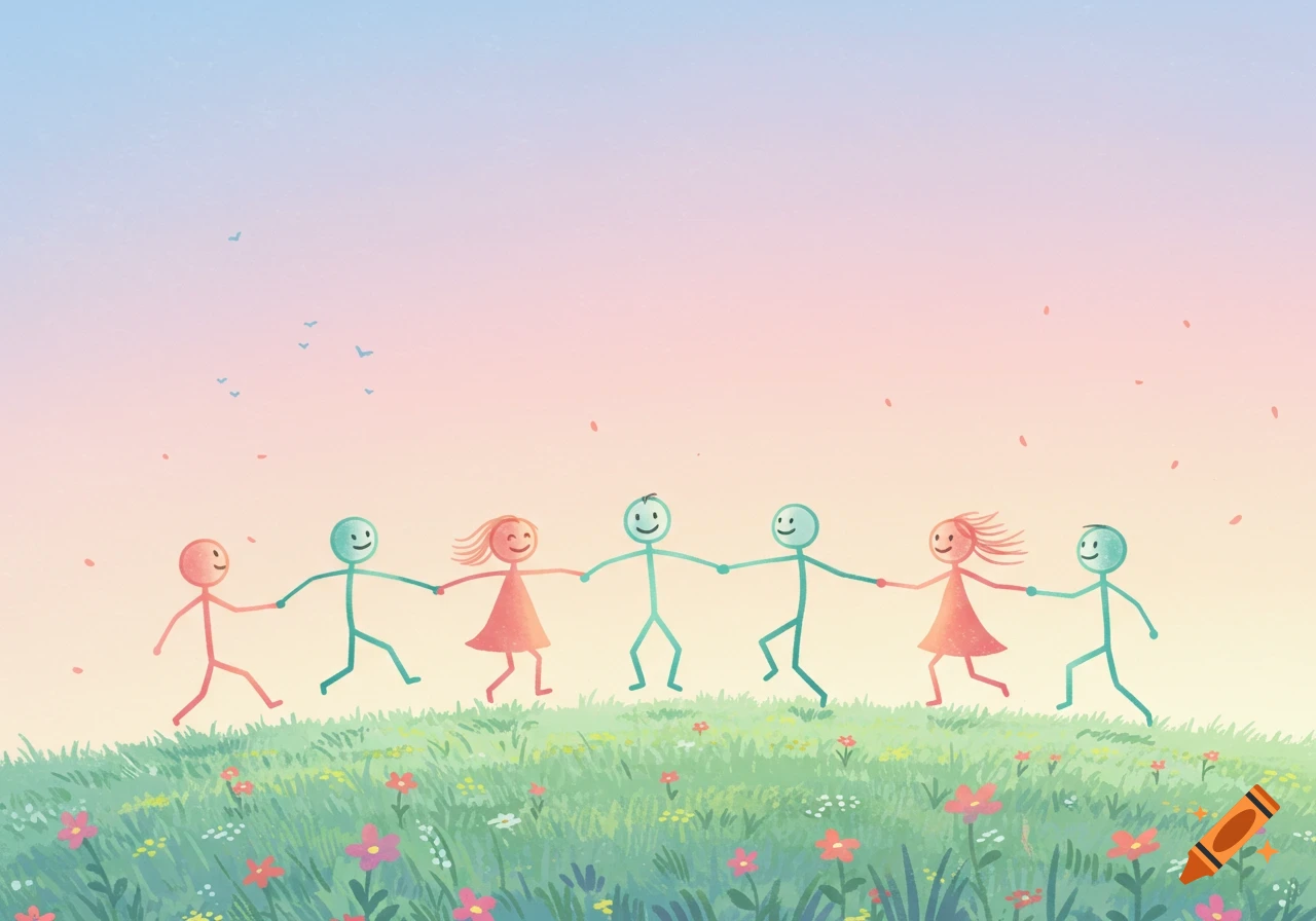 Colorful stick figures hold hands and run across a green, flower-filled ...