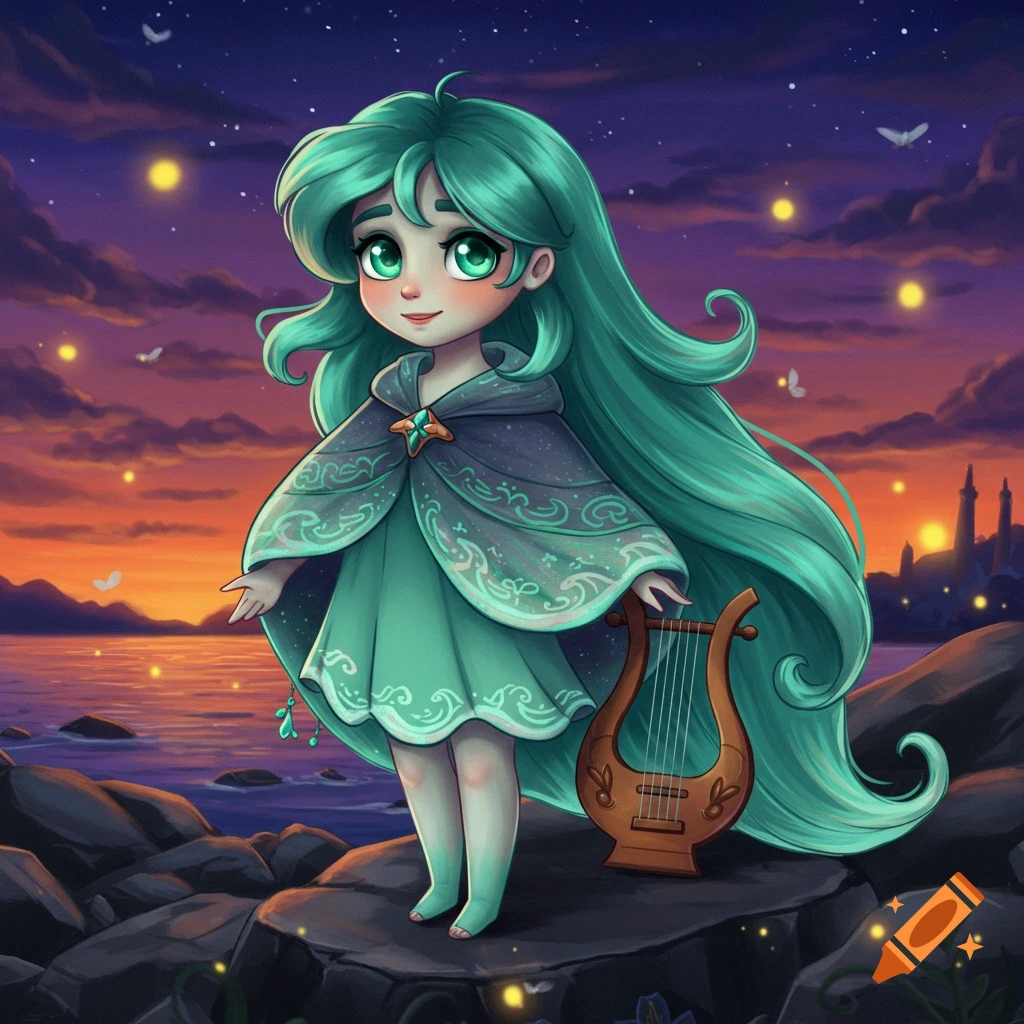 Chibi-style fantasy art of a green-haired girl in a cloak holding a ...