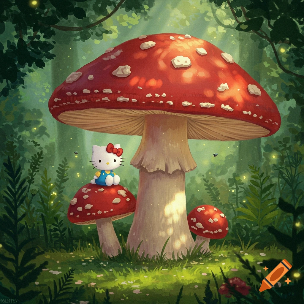 Hello Kitty sits on a large red and white mushroom in a whimsical ...