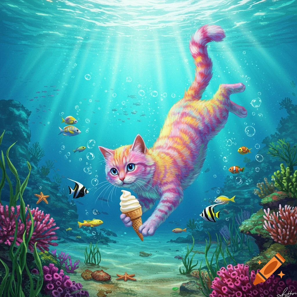 A cute, cartoon kitten with yellow goggles swims underwater among ...