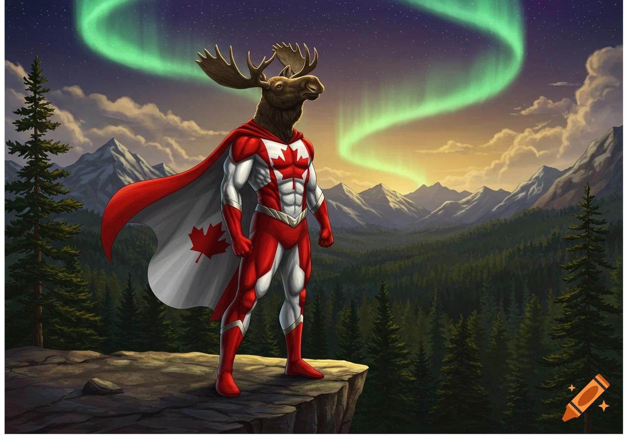 A moose-headed superhero in a Canadian flag suit stands on a cliff ...