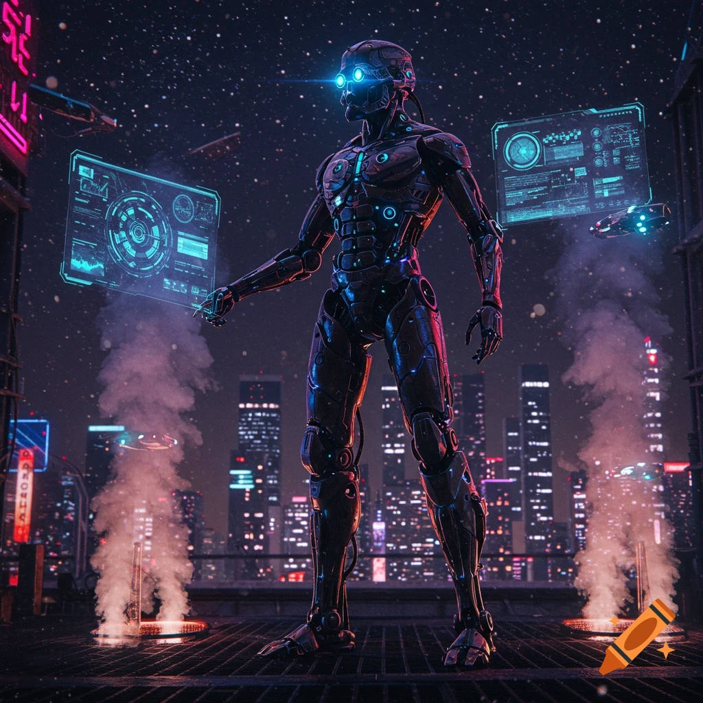 A humanoid cyborg stands on a rooftop at night, interacting with ...