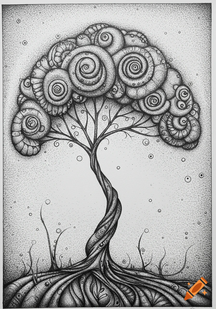 Black and white stippling art of a fantastical tree with a twisted ...